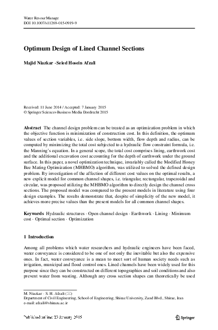(PDF) Optimum Design of Lined Channel Sections