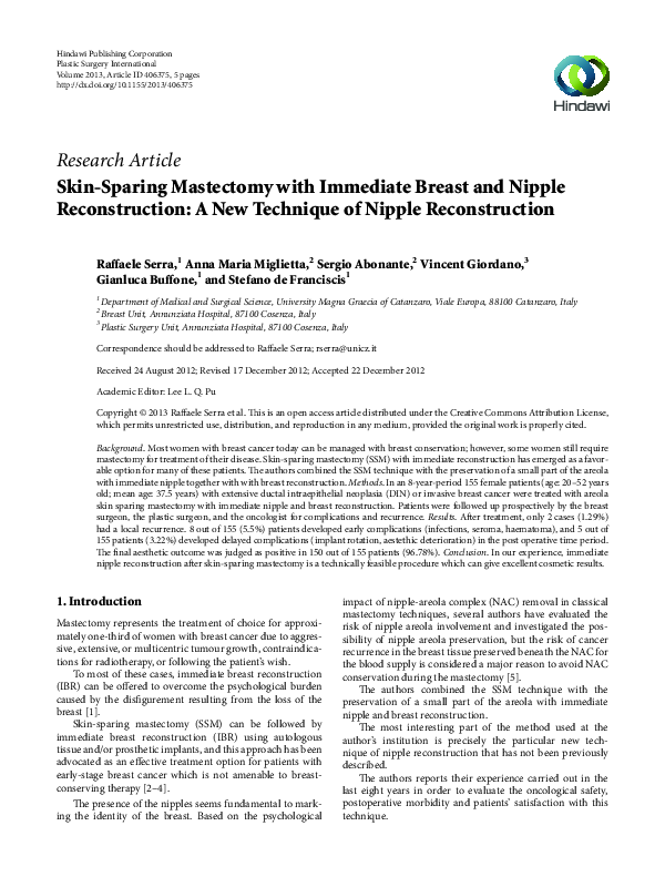(PDF) Skin-Sparing Mastectomy with Immediate Breast Reconstruction by a ...