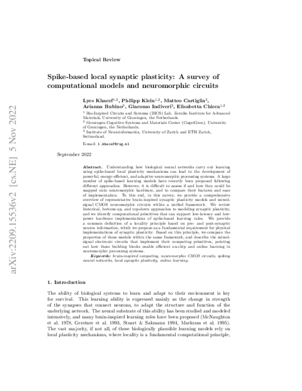 (PDF) Spike-based local synaptic plasticity: A survey of computational models and neuromorphic ...