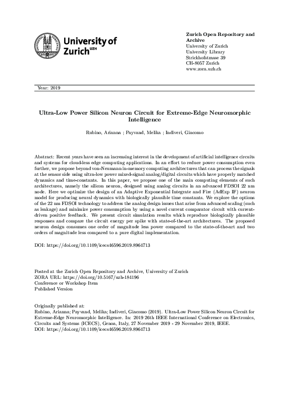 (PDF) Ultra-Low Power Silicon Neuron Circuit for Extreme-Edge Neuromorphic Intelligence