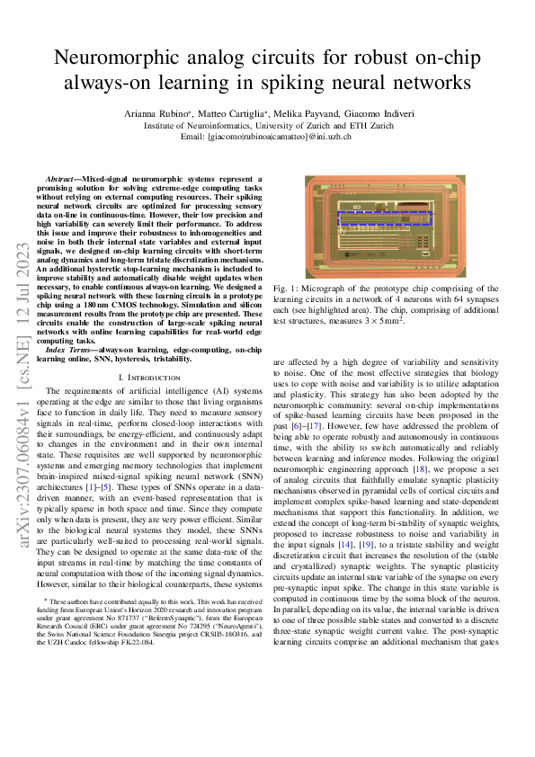 (PDF) Neuromorphic analog circuits for robust on-chip always-on learning in spiking neural networks