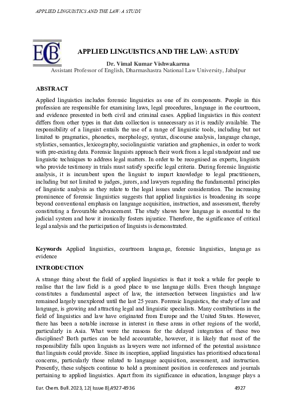 (PDF) APPLIED LINGUISTICS AND THE LAW: A STUDY