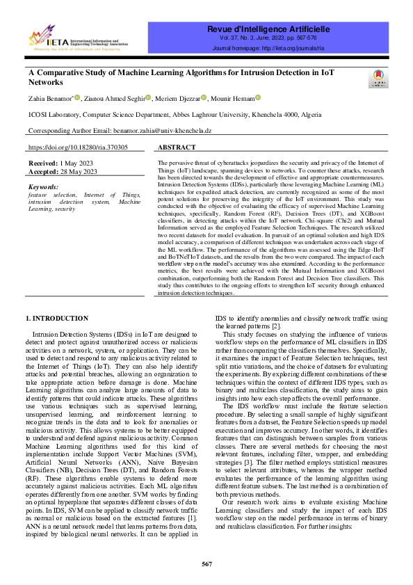 (PDF) A Comparative Study of Machine Learning Algorithms for Intrusion Detection in IoT Networks