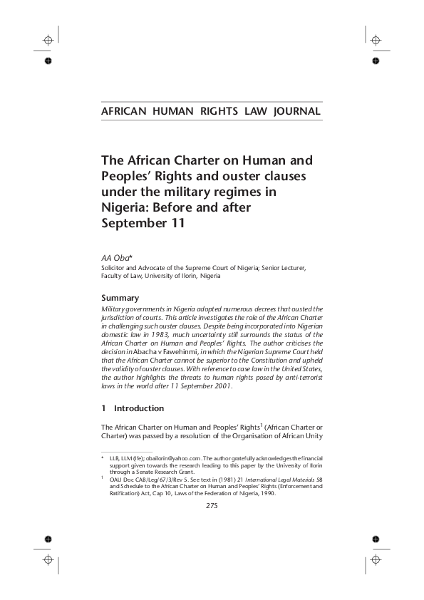 (PDF) The African Charter on Human and Peoples' Rights and ouster ...