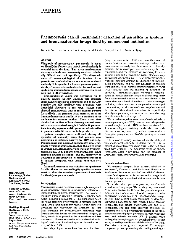 (PDF) Pneumocystis carinii pneumonia: detection of parasites in sputum ...