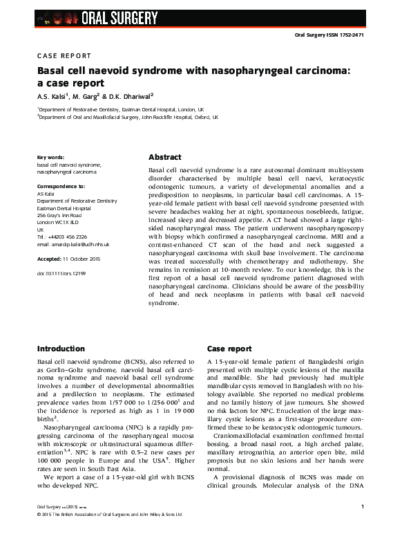 (PDF) Basal cell naevoid syndrome with nasopharyngeal carcinoma: a case ...
