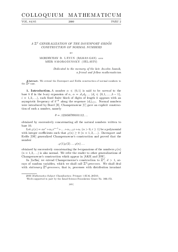 (PDF) A $ℤ^{d}$ generalization of the Davenport-Erdős construction of normal numbers
