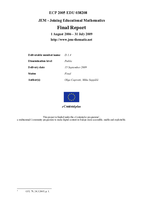 (PDF) Final Report - ECP‐2005‐EDU‐038208 JEM – Joining Educational Mathematics | Olga Caprotti ...