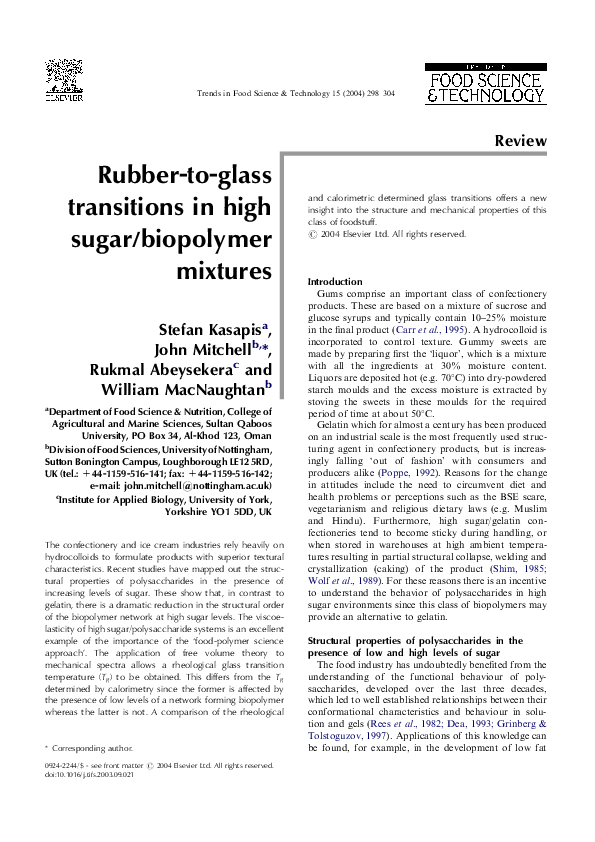 (PDF) Rubber-to-glass transitions in high sugar/biopolymer mixtures ...