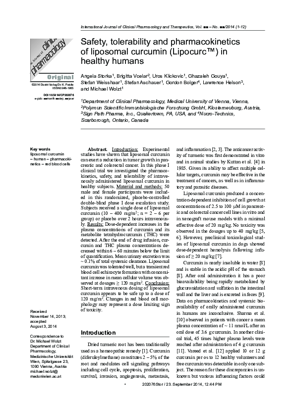(PDF) Safety, tolerability and pharmacokinetics of liposomal curcumin ...