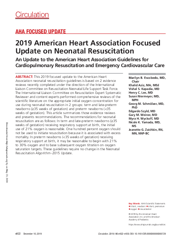 (PDF) 2019 American Heart Association Focused Update on Neonatal ...