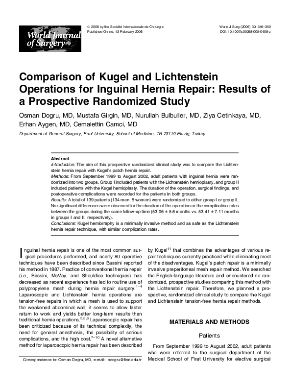 (PDF) Comparison of Kugel and Lichtenstein Operations for Inguinal Hernia Repair: Results of a ...