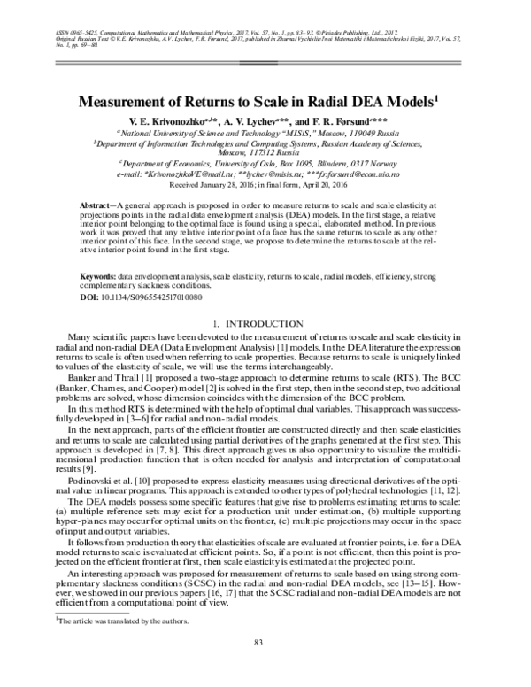 (PDF) Measurement of returns to scale in radial DEA models | Andrey Lychev - Academia.edu