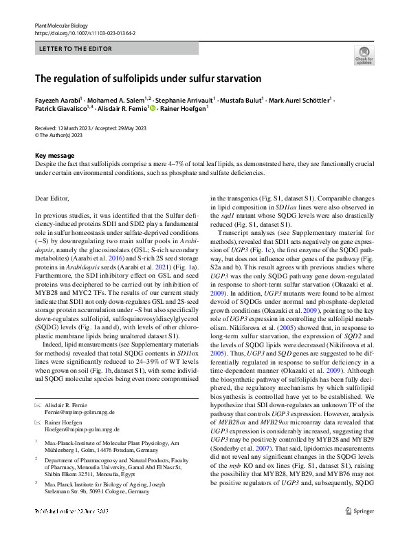 (PDF) The regulation of sulfolipids under sulfur starvation