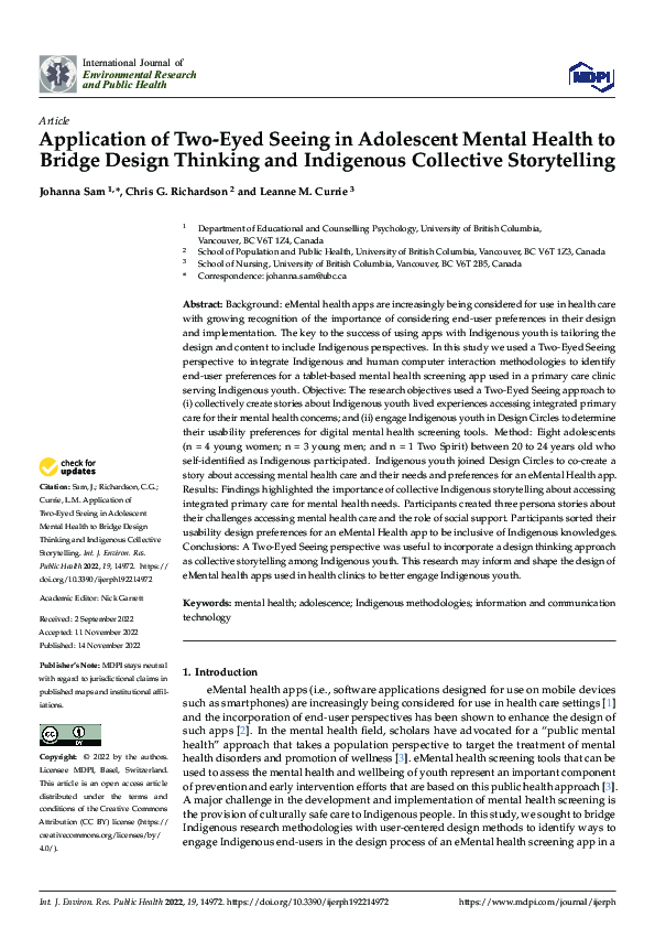 (PDF) Application of Two-Eyed Seeing in Adolescent Mental Health to ...