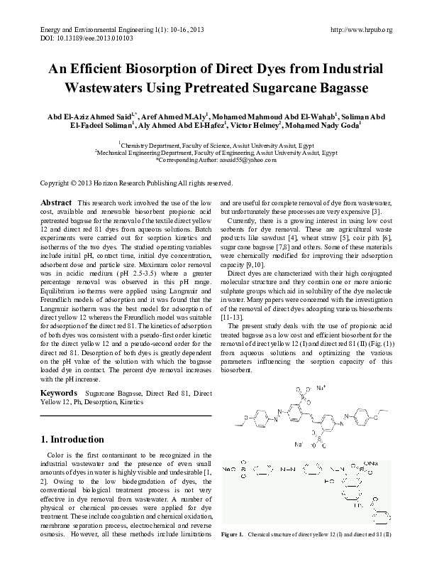 (PDF) An Efficient Biosorption of Direct Dyes from Industrial Wastewaters Using Pretreated ...