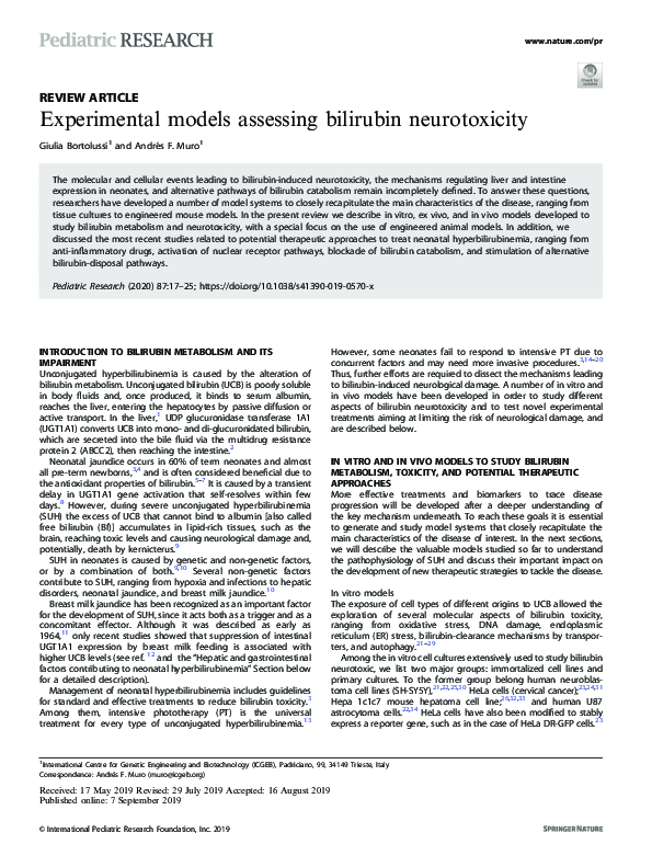 (PDF) Experimental models assessing bilirubin neurotoxicity