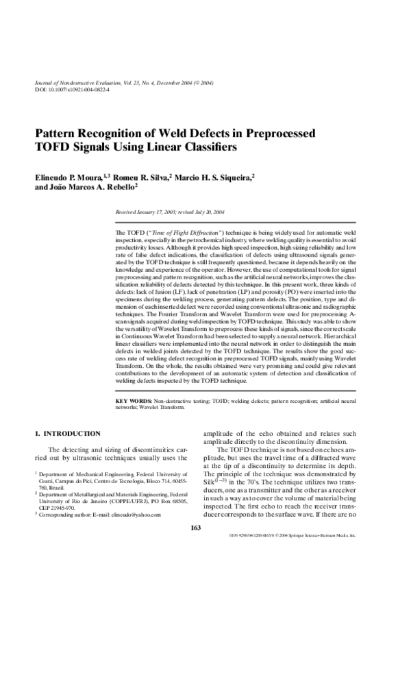 (PDF) Pattern Recognition of Weld Defects in Preprocessed TOFD Signals Using Linear Classifiers