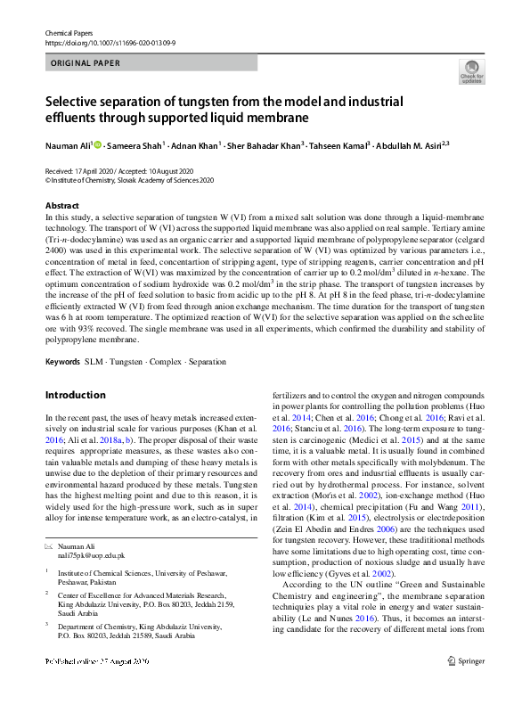 (PDF) Selective Tungsten Separation via Liquid Membrane