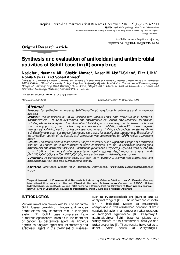 (PDF) Synthesis and evaluation of antioxidant and antimicrobial activities of Schiff base tin ...