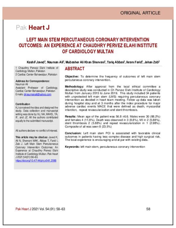 (PDF) Left Main Stem Percutaneous Coronary Intervention Outcomes: An ...