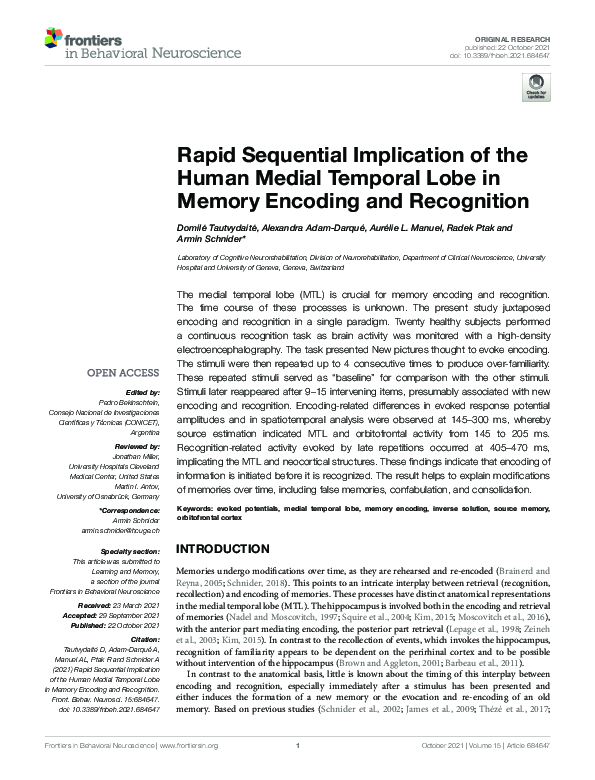 Pdf Rapid Sequential Implication Of The Human Medial Temporal Lobe In Memory Encoding And