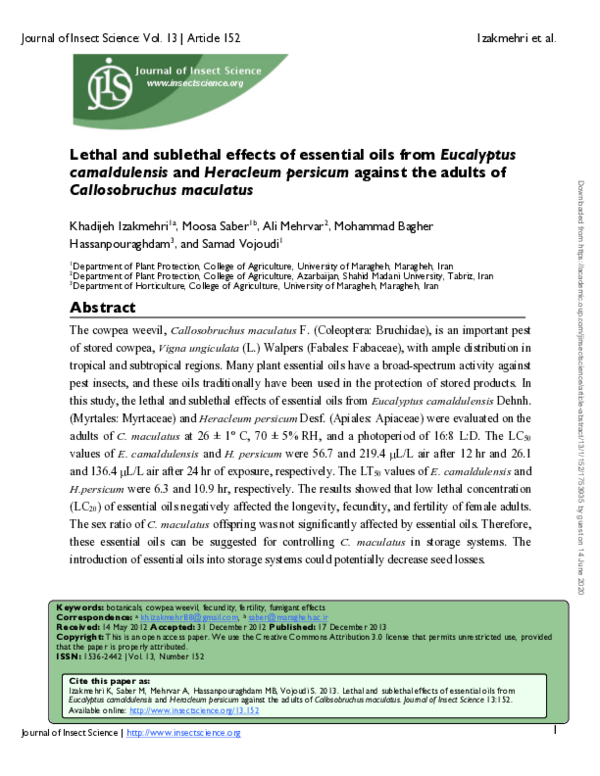 (PDF) Lethal and Sublethal Effects of Essential Oils from Eucalyptus camaldulensis and Heracleum ...
