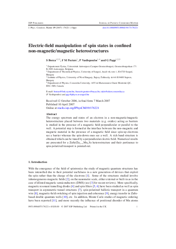 Pdf Electric Field Manipulation Of Spin States In Confined Non Magnetic Magnetic Heterostructures