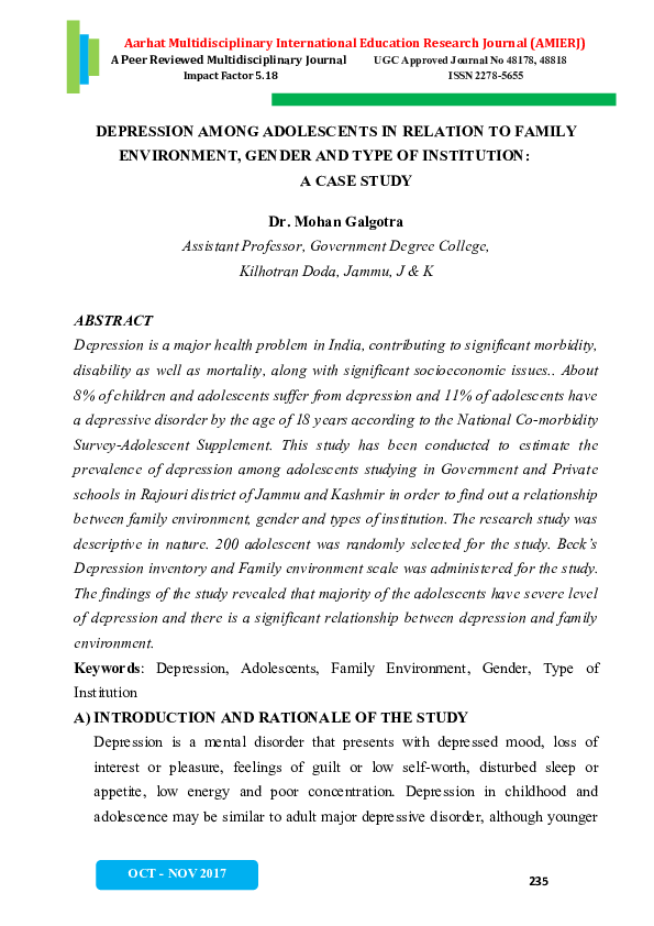 (PDF) Depression Among Adolescents in Relation to Family Environment ...