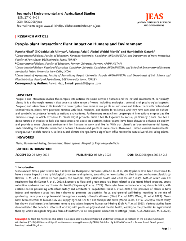 (PDF) People-plant Interaction: Plant Impact on Humans and Environment