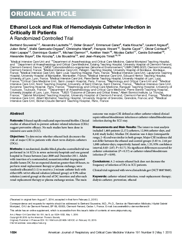 (PDF) Ethanol Lock and Risk of Hemodialysis Catheter Infection in ...