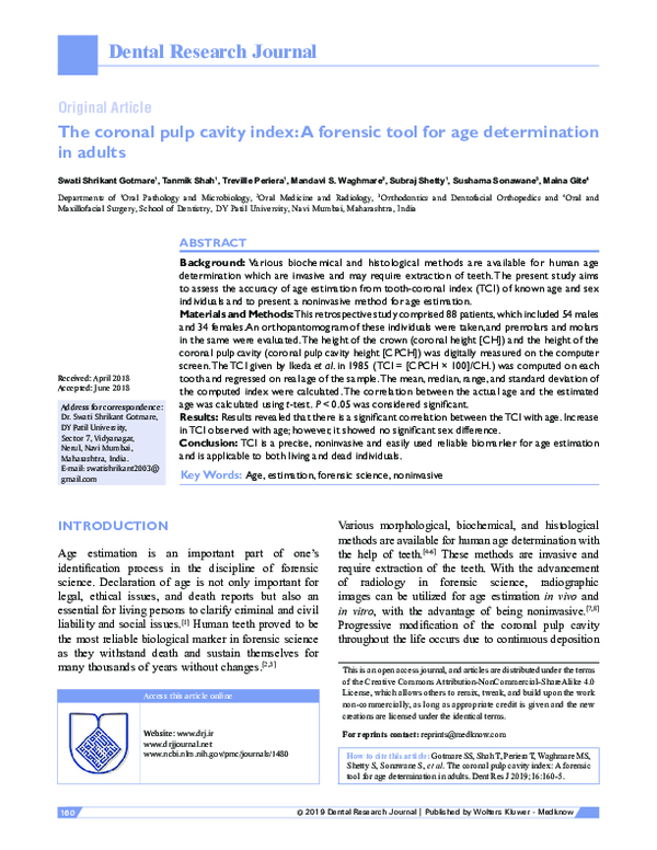 (PDF) The coronal pulp cavity index: A forensic tool for age ...