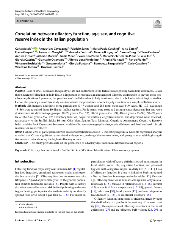 Pdf Correlation Between Olfactory Function Age Sex And Cognitive Reserve Index In The