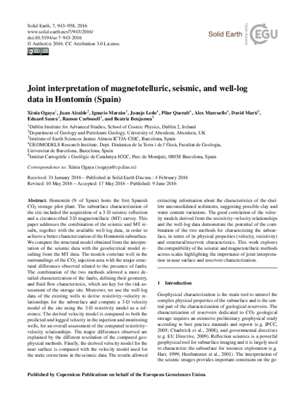 (PDF) Joint interpretation of magnetotelluric, seismic, and well-log data in Hontomín (Spain)