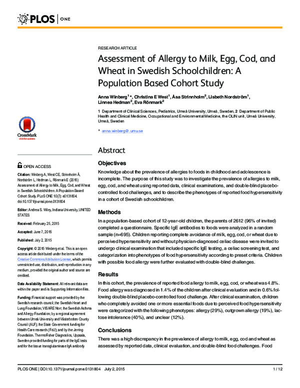 (PDF) Assessment of Allergy to Milk, Egg, Cod, and Wheat in Swedish ...