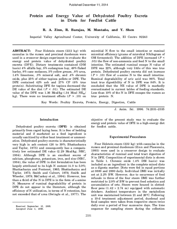 (PDF) Protein and energy value of dehydrated poultry excreta in diets ...