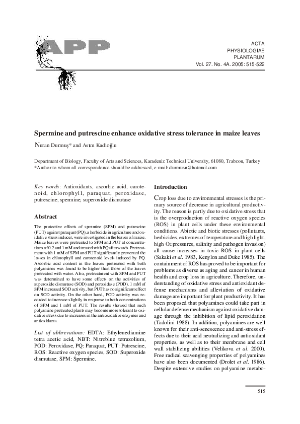 (PDF) Spermine and putrescine enhance oxidative stress tolerance in ...
