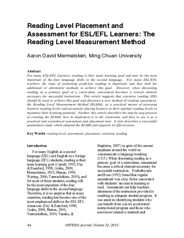 (PDF) Reading Level Placement and Assessment for ESL/EFL Learners: The ...
