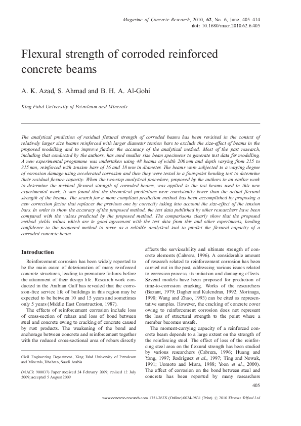 (PDF) Flexural Strength of Corroded Reinforced Concrete Beams