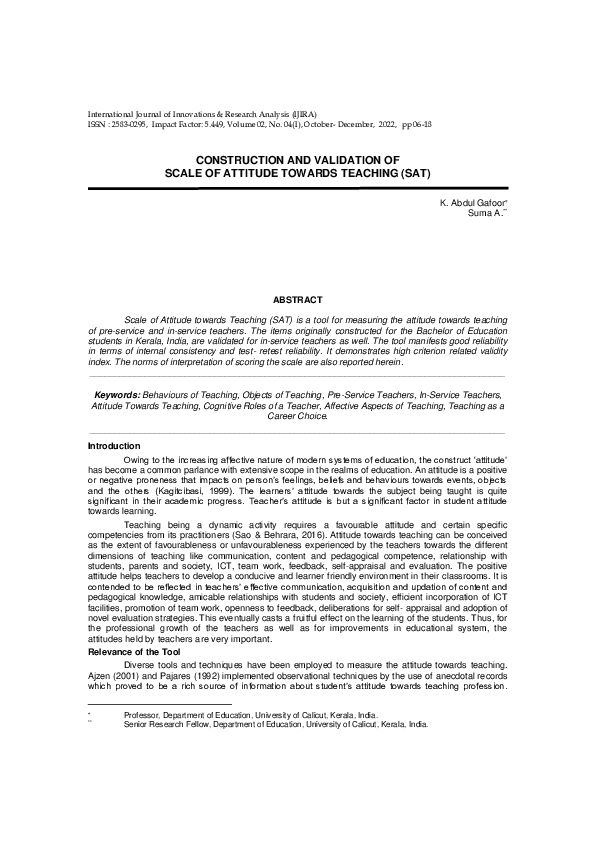 (PDF) CONSTRUCTION AND VALIDATION OF SCALE OF ATTITUDE TOWARDS TEACHING (SAT