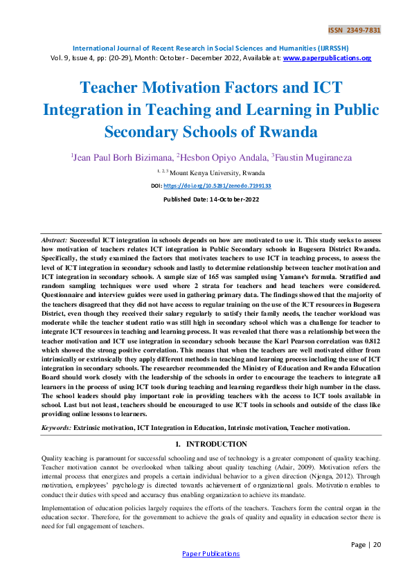 (PDF) Teacher Motivation Factors and ICT Integration in Teaching and ...