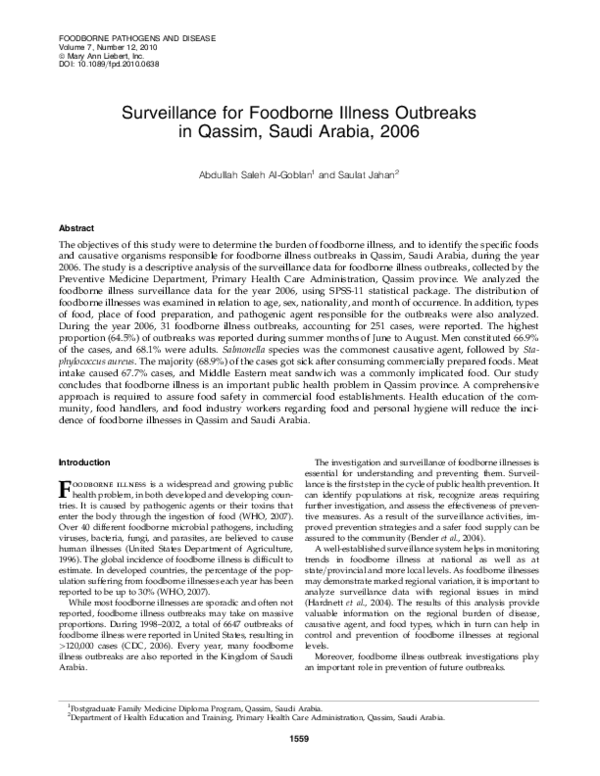 (PDF) Surveillance for Foodborne Illness Outbreaks in Qassim, Saudi ...