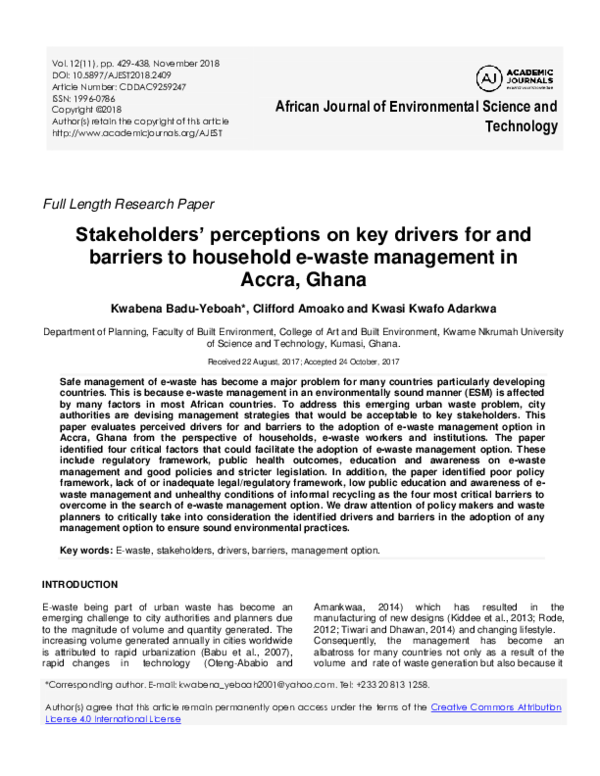 (PDF) Stakeholders perceptions on key drivers for and barriers to household e-waste management ...
