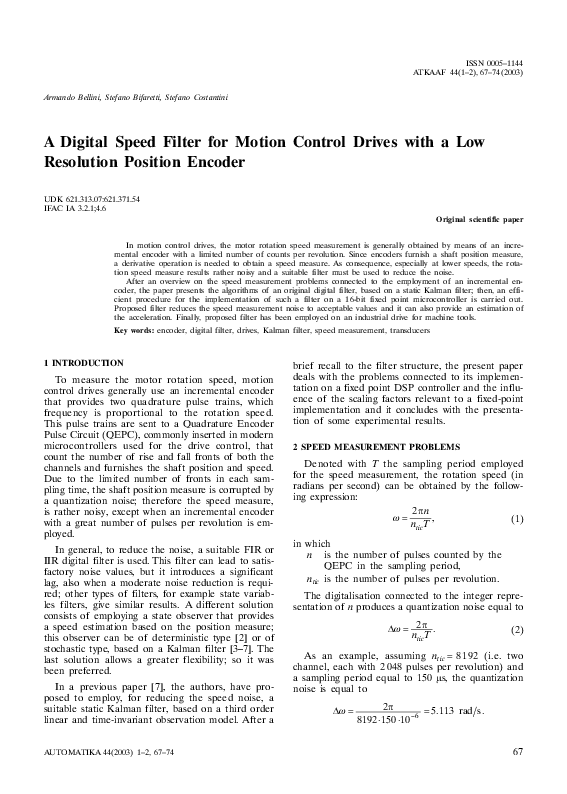 (PDF) A digital speed filter for motion control drives with a low resolution position encoder
