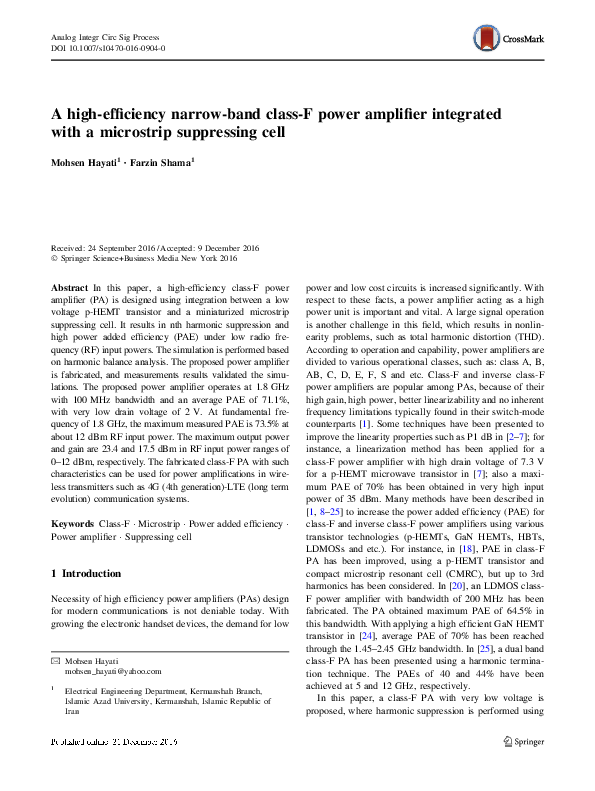 (PDF) A high-efficiency narrow-band class-F power amplifier integrated with a microstrip ...