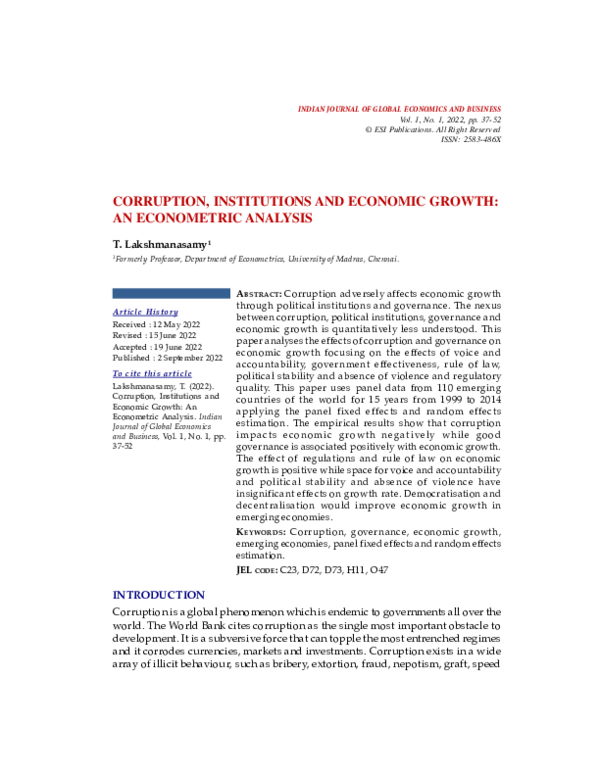 (PDF) CORRUPTION, INSTITUTIONS AND ECONOMIC GROWTH: AN ECONOMETRIC ANALYSIS