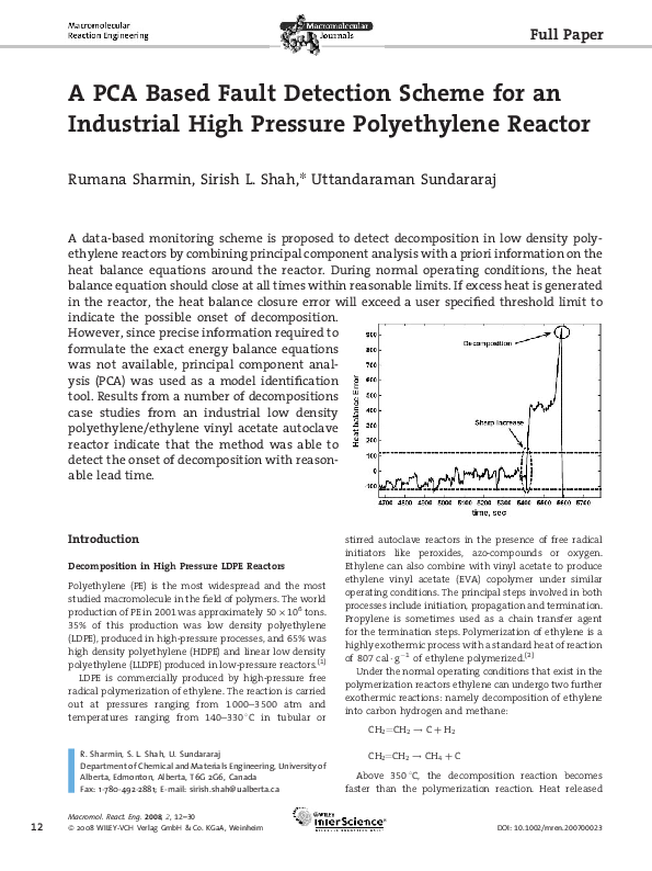 (PDF) A PCA Based Fault Detection Scheme for an Industrial High Pressure Polyethylene Reactor