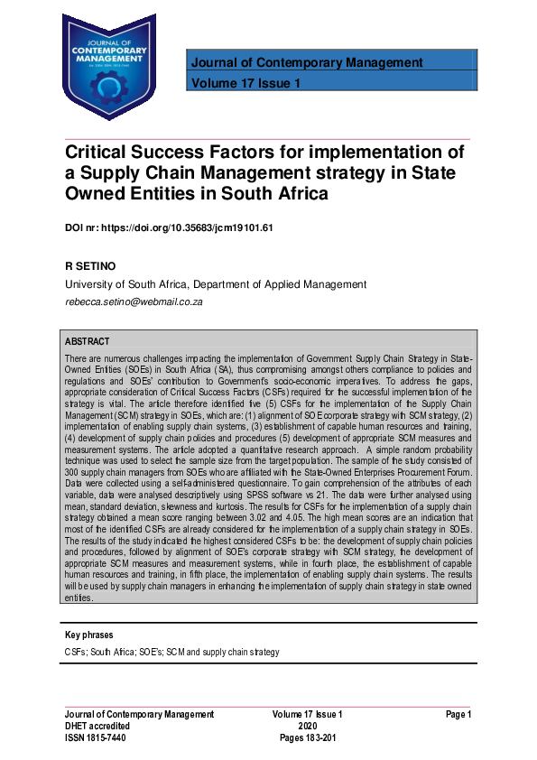 (PDF) Critical Success Factors for implementation of a Supply Chain Management strategy in State ...