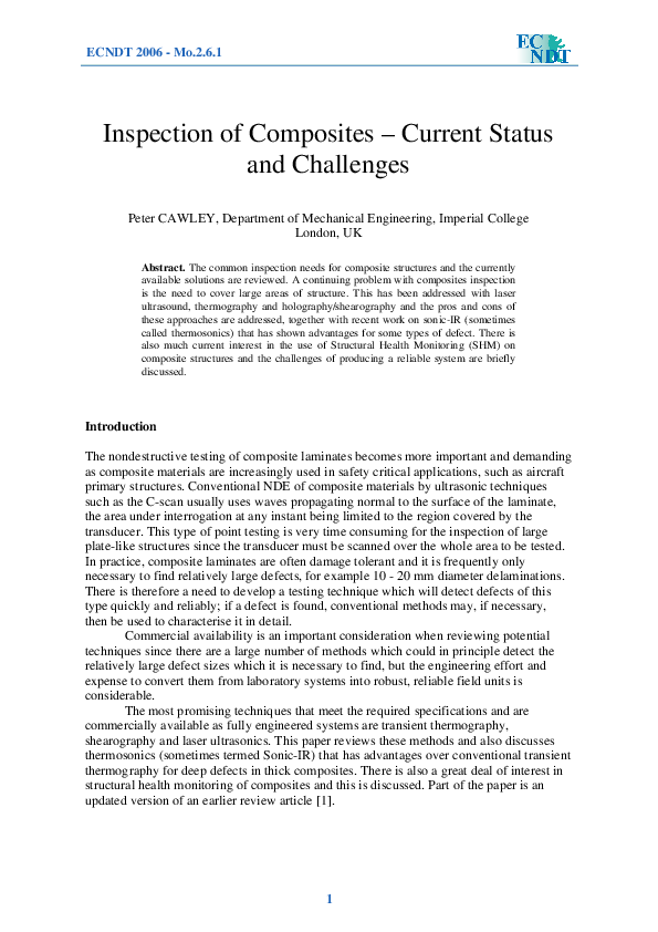 (PDF) Inspection of Composites - Current Status and Challenges