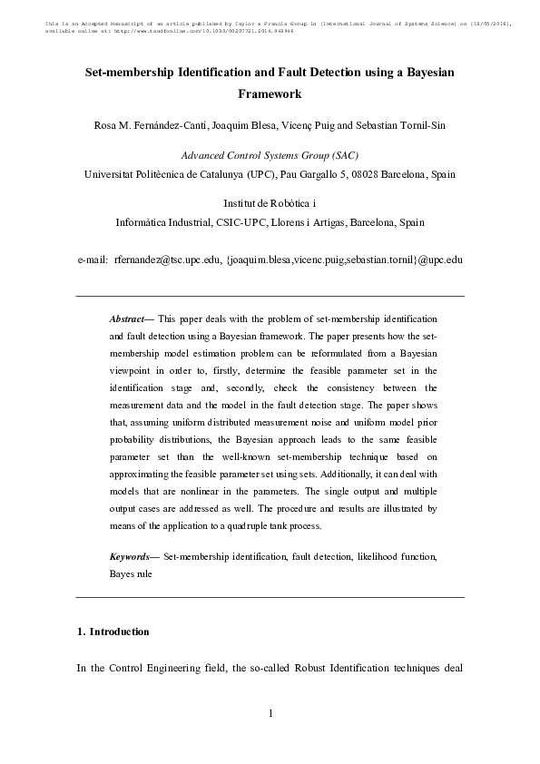Pdf Set Membership Identification And Fault Detection Using A Bayesian Framework 2416